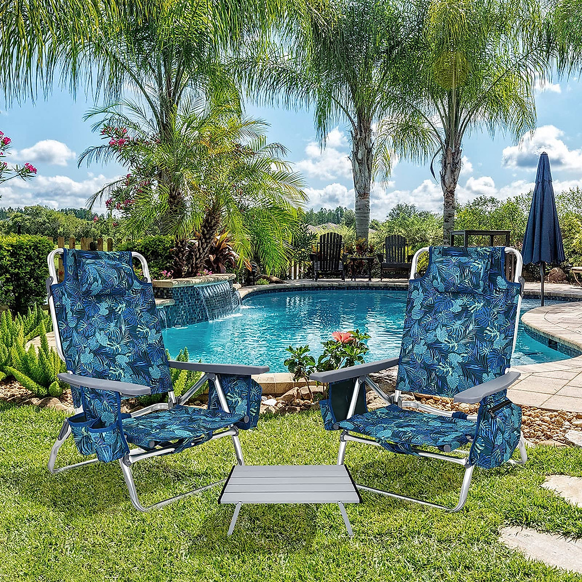 Giantex Folding Camping Chair 3 PCS Beach Chair and Aluminum Table Set, Patio Sling Chairs with 5 Adjustable Position, Backpack Lawn Chair for Fishing, Travelling Sunbathing Chairs Set