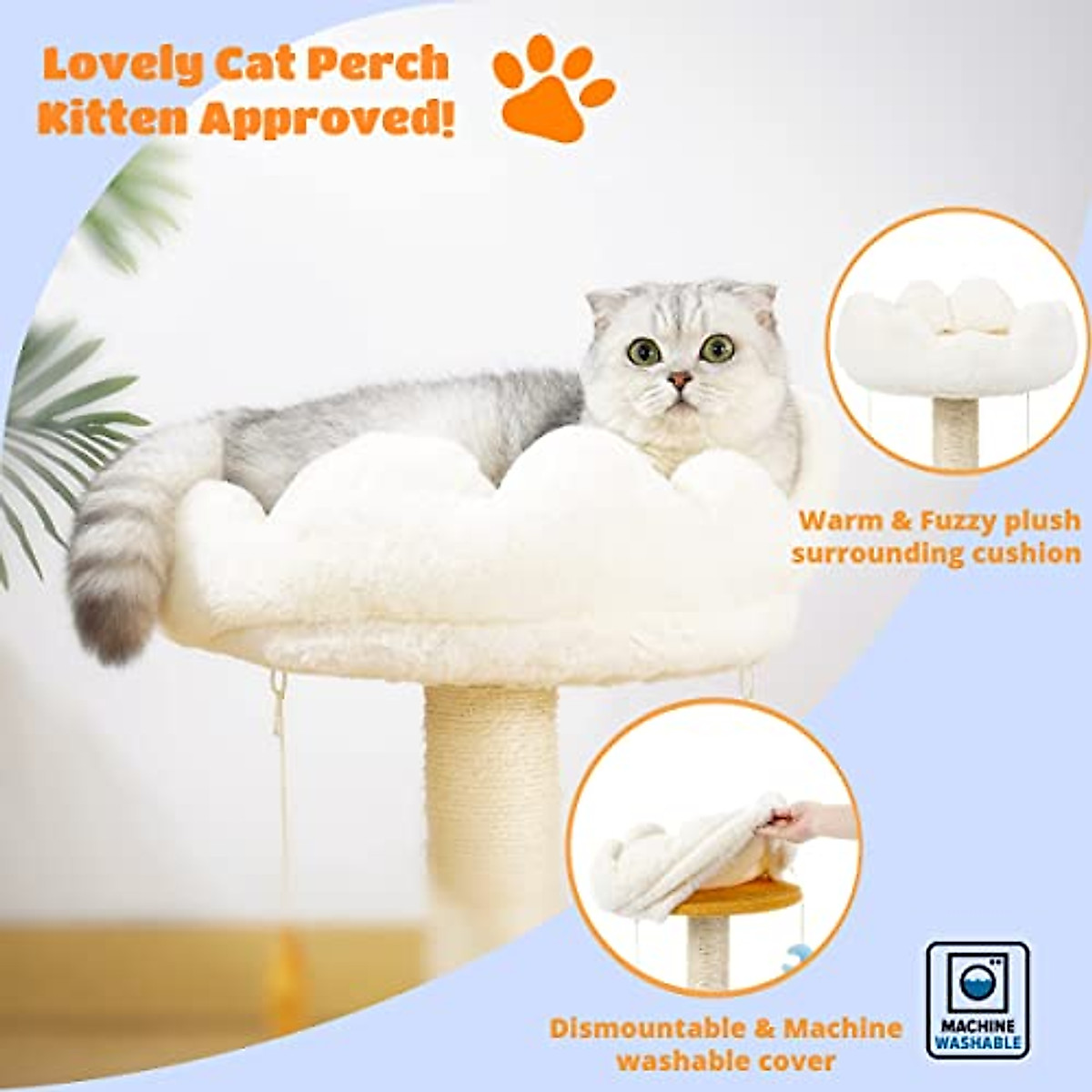 Happi N Pets Cloud Cat Scratching Post with Bed, Cat Tree Tower for Indoor Cats, Nature Sisal Cat Scratcher with Cozy Fluffy Perch for Kitten & Adult Cats, Small Cat Tower with Toys, Stable Cat Stand