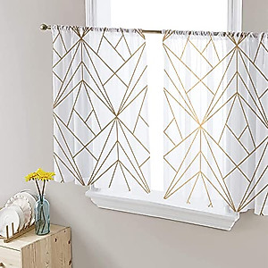 Singingin Chiffon Backdrop Curtain, Gold Yellow Line Geometric Patterned Soft Lightweight Window Drapes Rod Pocket Curtains for Bedroom Living Room Home Office Decor 52 x 45 Inch, 2 Panels