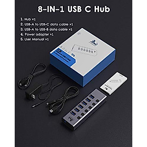 LIONWEI Universal 8-Port Powered USB 3.0/USB C Hub, Aluminum USB Splitter with 6 USB 3.0 Data Ports, SD/TF Card Readers, On/Off Power Switches, AC Adapter