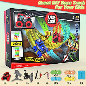 Race Car Track Toy for Kids, 200pcs Flexible Tracks of Glow in The Dark with 1 LED Light-Up Race Car for 3 4 5 6 7 Years Old Boys Girls Toddler, 19Ft Train Track Set Can be Build in Various Ways