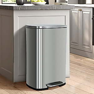50 Liter / 13 Gallon Kitchen Trash Can with Lid, Stainless Steel Trash Can with Foot Pedal and Inner Bucket, Fingerprint-Resistant Soft Close Lid Garbage Can, Odor Proof and Hygienic, Stainless Steel