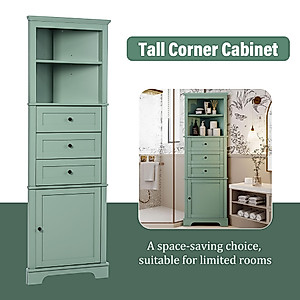 Fuhomtre Triangle Tall Corner Cabinet Drawers and Adjustable Shelves Tall Hutch Corner Bar Cabinet with Door for Kitchen Green