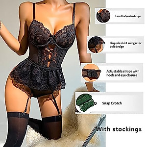 Women Sexy Garter Lingerie Set with Belt and Stocking Lace Underwire Bodysuit Teddy Snap Crotch Design (Black, Large)