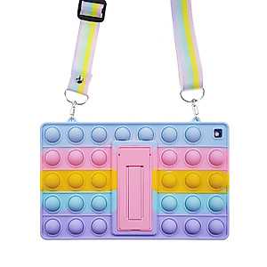 iZi Way Pop It Tablet Case for Amazon Fire HD 10 10.1" Kids (9th & 7th Generation, 2019/2017 Release), Fidget Toy Popit Poppet Push Bubble Wrap Cute Silicone Cover Stand Lanyard - Rainbow