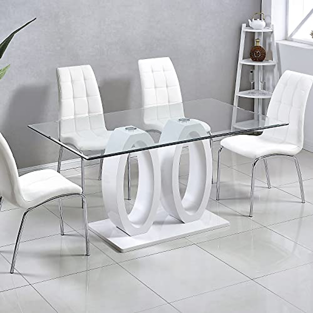 Henf 63" Contemporary Dining Table for 6, Tempered Glass Top Dining Room Table with High-Gloss Double Pedestal, Rectangle Dinner Table Kitchen Table Home Office Meeting Table (White)