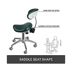 Kurtvenid Standard Moblie Dental Saddle Chair Doctor's Stool PU Leather Backrest and Height Adjustable Blackish Green
