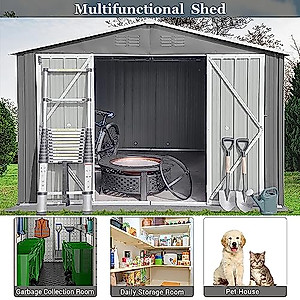 Evedy 10x8ft Outdoor Storage Shed,Metal Garden Shed for Bike, Trash Can, Tools, Galvanized Steel Outdoor Storage Cabinet with Lockable Door,Tool Cabinet with Vents,for Backyard,Patio, Lawn