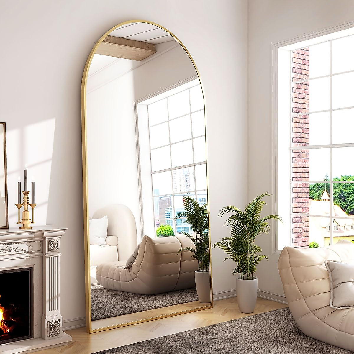 GLSLAND-30x71 inch Wall Mount Arched Full Length Mirror-Aluminum Alloy Frame High Definition-Full Body Mirror for Bedroom or Living Room,Gold