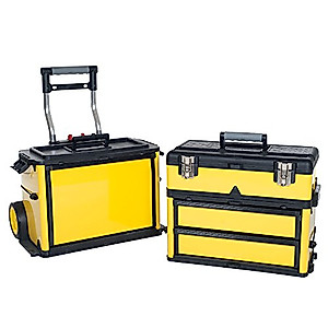 Stackable Rolling Tool Box Organizer with Telescopic Comfort Grip Handle – Mobile Upright Rigid Tool Chest with Wheels and Drawers by Stalwart