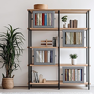 Bellzacasa Large Collapsible Storage Bins with Lids, 3 Pack Foldable Clear Window Storage Boxes with Handles, Linen Fabric Storage Cubes Baskets Organizer Containers, Gray, 15.8x11.8x11.8”