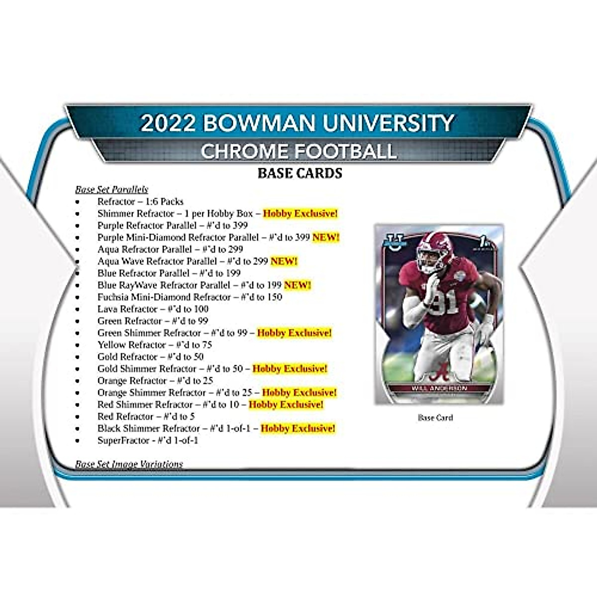 2022 Bowman Chrome University Football Hobby Box (24 Packs/4 Cards: 2 Autos)