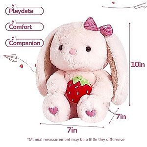 CozyWorld 10" Plush Bunny Rabbit Stuffed Animal Easter Floppy Ear Sitting Bunny Plush Pink Rabbit Plushie Toy with Strawberry Fluffy Soft Hugging Bedtime Friend Plush Toy Gifts for Kids Girls Boys