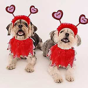 GOYOSWA Dog Valentines Outfit, Dog Valentine's Day Clothes Red Love Hearts Dog Headband Dog Collar with Red Ribbons Holiday Costumes for Small Medium Large Dogs