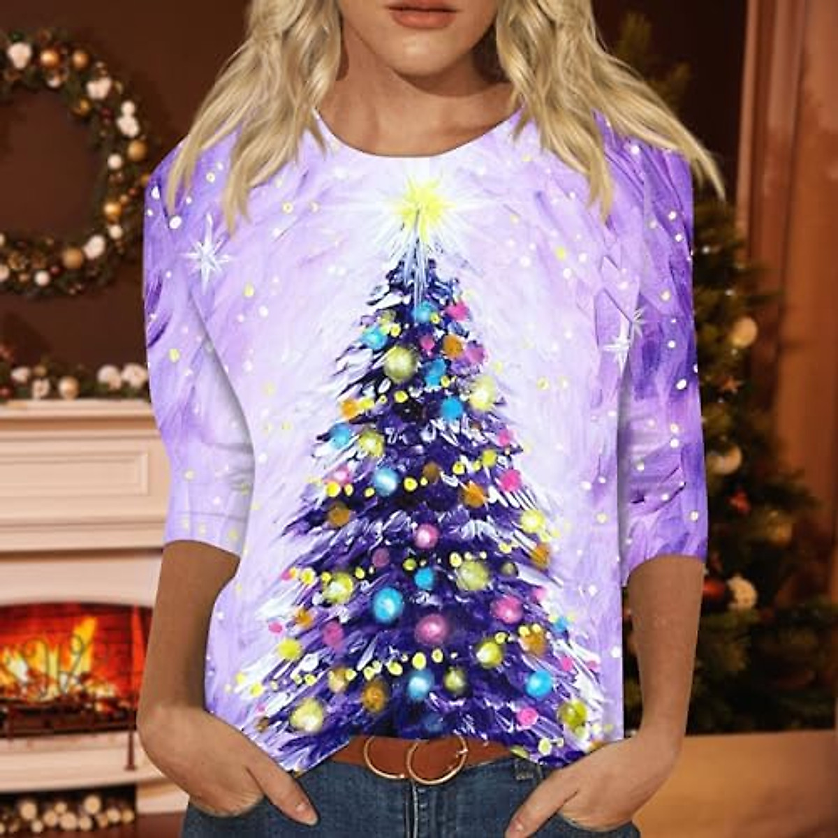 Christmas Shirts for Women Womens Christmas Shirts 2023 Fashion 3/4 Sleeve Tops O-Neck Print T-Shirts Casual Blouses Christmas Tops for Women Large Purples