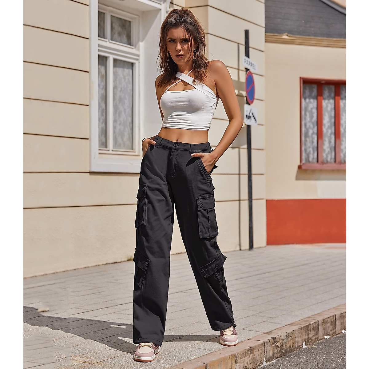 ZMPSIISA Women Pants High Waisted Cargo Pants Combat Military Wide Leg Casual Trousers 8 Pockets(Gray,Large)