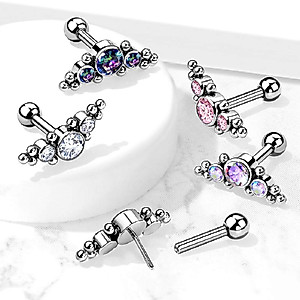 Pierced Owl 16GA G23 Implant Grade Titanium Threadless Push-in Triple CZ Crystal and Ball Clusters Cartilage Helix Ear Lobe Barbell Stud (Vitrail Medium)
