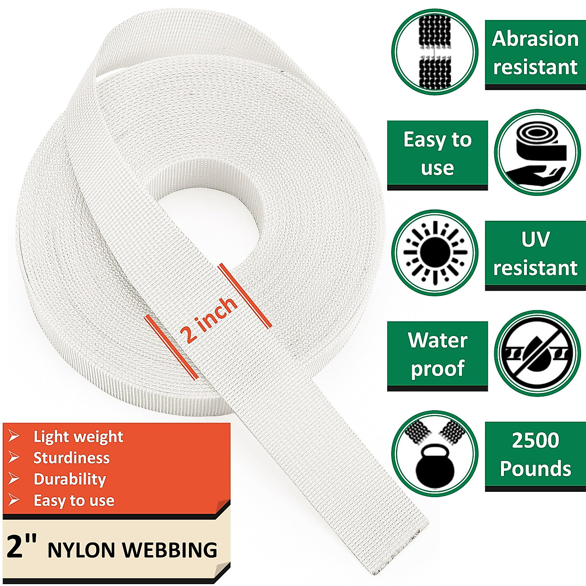 DEYACE 2 Inch Nylon Webbing Strap with Plastic Tri-Glide Slide Clips, 10 25 50 Yards Heavy Duty Nylon Strapping for Indoor or Outdoor Gear, DIY Crafting, Repairing (White, 2" x 10 Yards)