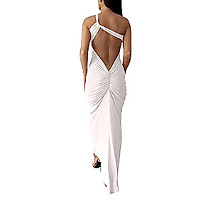 Vrtige Women's Sexy One Shoulder Backless Ruched Sleeveless Cocktail Bodycon Maxi Dress White Medium