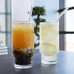 CAYOREPO 6 Pcs Set 16oz Ribbed Drinking Glasses with Bamboo Lids and Straws, Ribbed Glass Cups, Stackable Glasses, Vintage Water Glasses for Juice, Beer, Coffee, Tea and Cocktail (Clear (6Pcs))