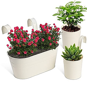 FUROKOY Hanging Flower Pot 3 Pcs for Outdoor Railing Metal Balcony Plant Holder with Detachable Hooks & Drainage Vintage Bucket Flower Plant Holder Railing Fence Garden Home Decoration (B-Grey White)