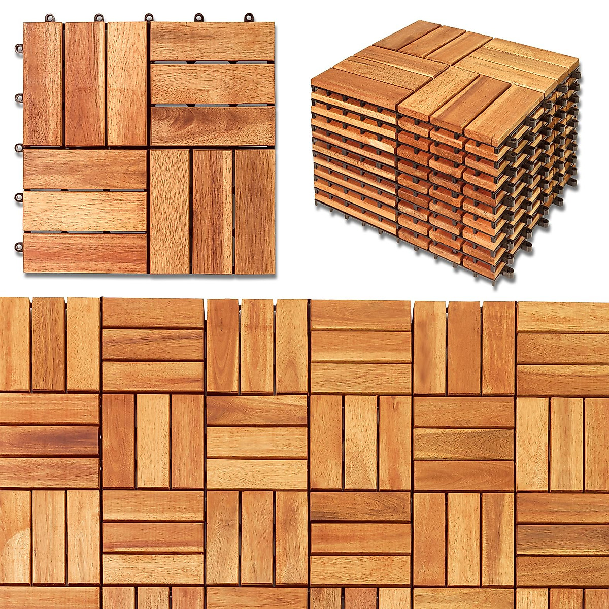 Solid Wood Interlocking Deck Tiles (Pack of 10, 12" x 12"), Acacia Deck Tiles, Floor Tiles for Both Indoor and Outdoor Use, Waterproof All Weather 12slats (12x12, 12 Slat)