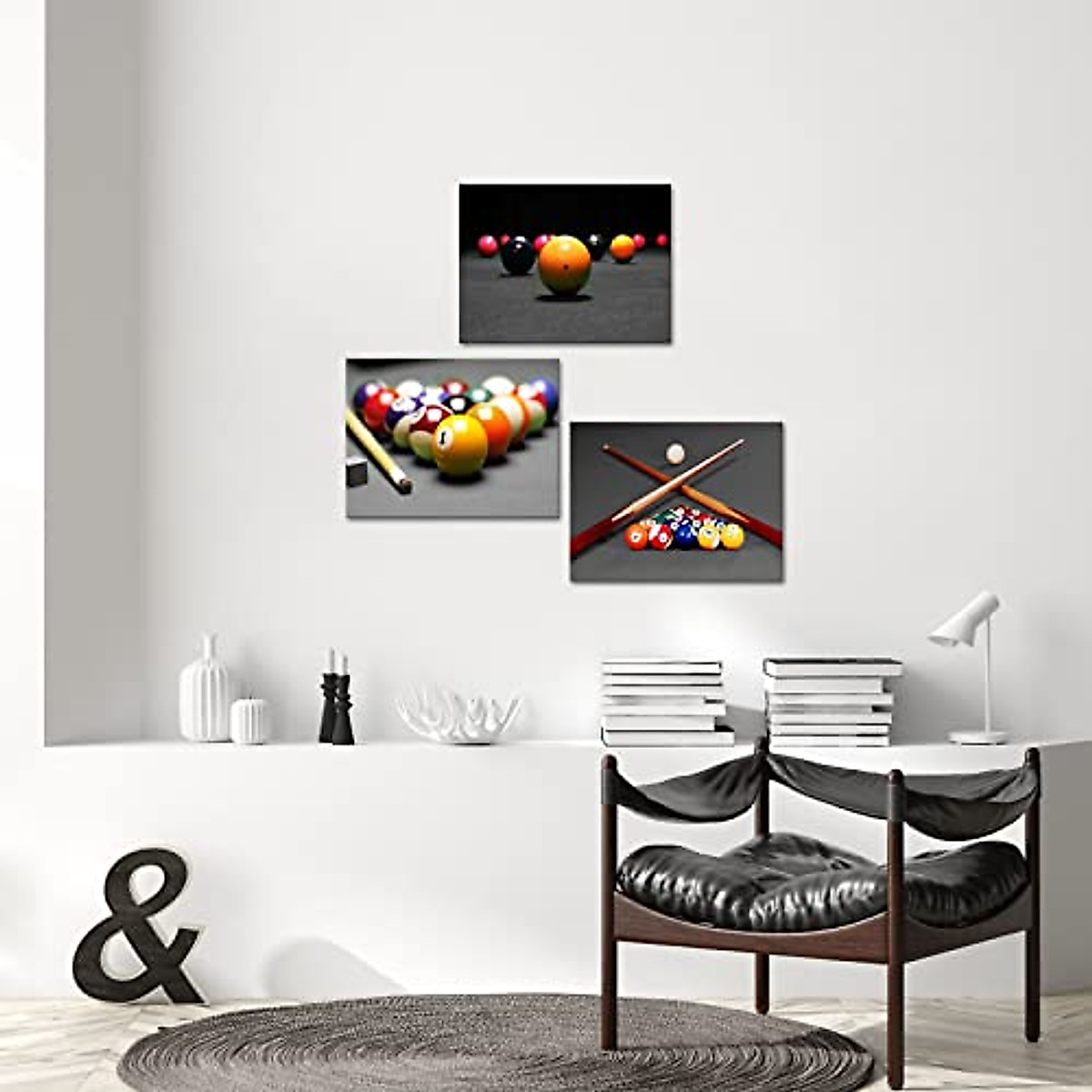 Conipit Billiards Canvas Wall Art Pool Table Pictures Leisure Sport Painting Snooker Photo Painting for Game Room Club Bar Wall Decor Stretched and Framed Prints Ready to Hang 12"x16" x 3Pcs