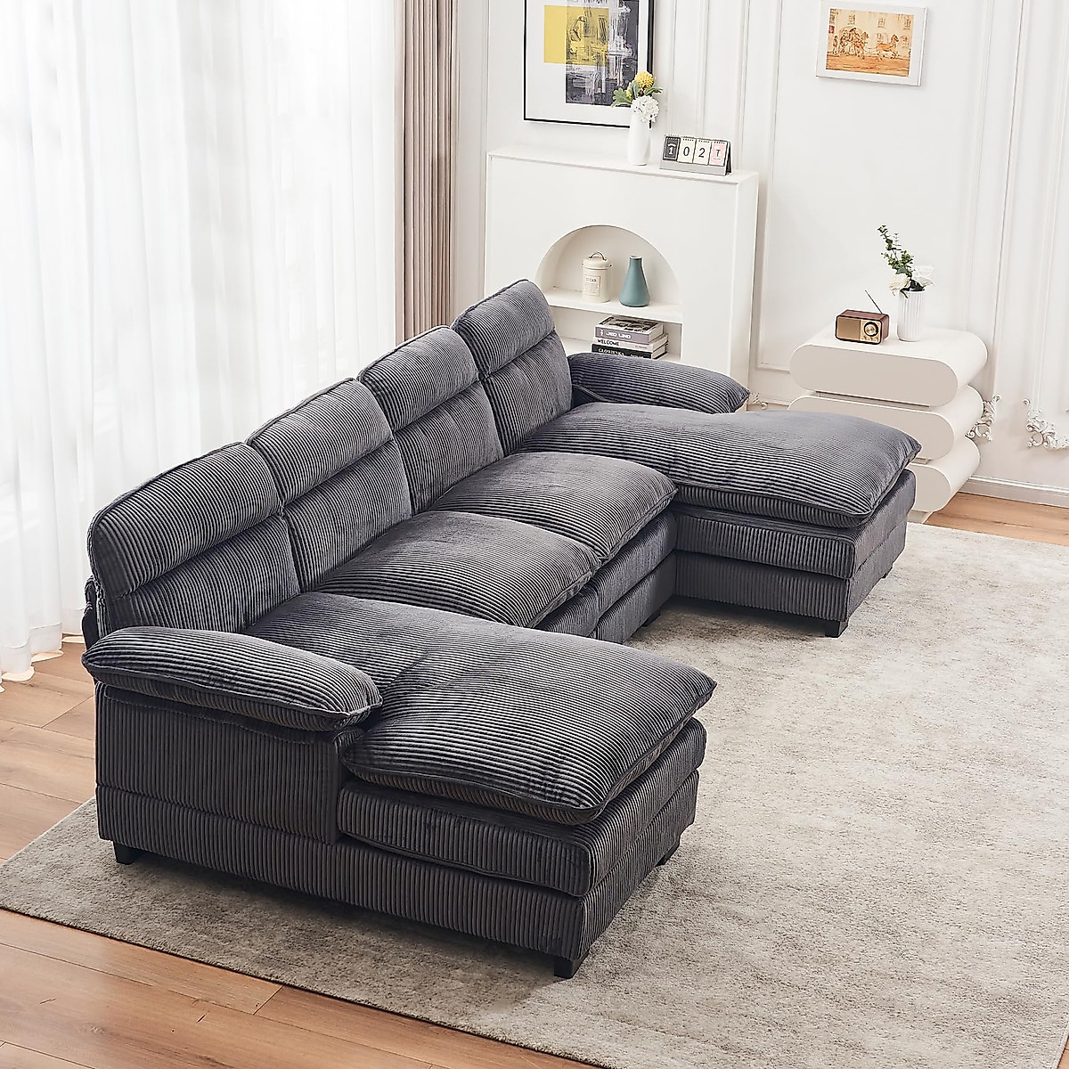 ZX Design 111" Sectional Sofa, Comfortable Cloud Couch for Living Room，U Shape Couch, Modern Dual Recliner Combo Sofa Sleeper with Soft Armrests & Memory Foam for Living Room (Corduroy Gray)