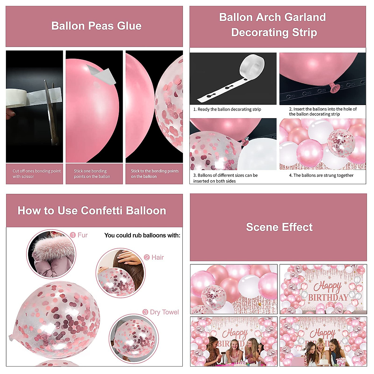 Pink Birthday Banner with Balloon Garland Arch Decorations Set, Pink Rose Gold Happy Birthday Backdrop Balloons Kit Party Supplies for Girls Women, Pink 16th 21st 30th 40th 50th 60th Bday Background