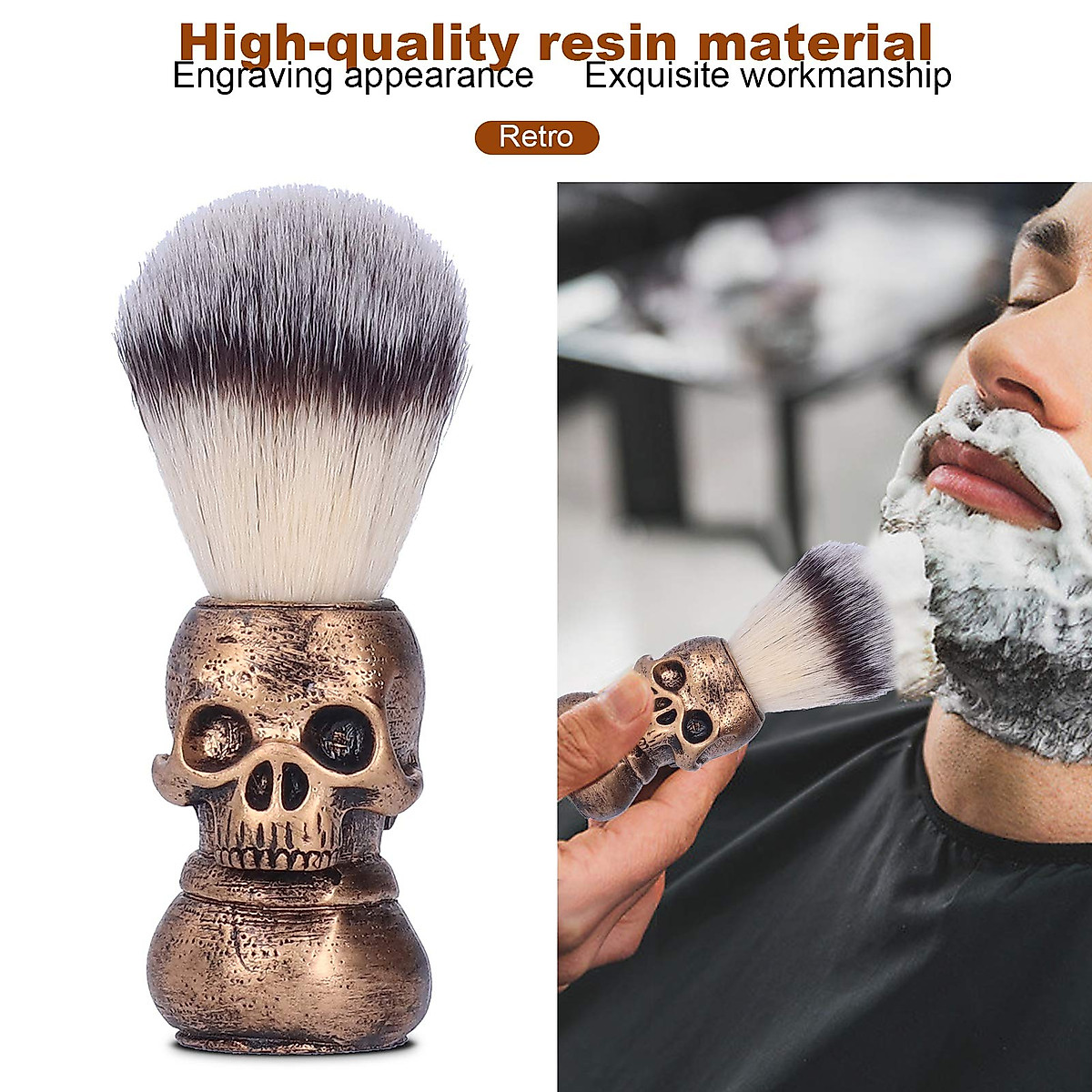 Barber Cleaning Hairbrush, Neck Duster Brush Shaving Beard Brush with Creative Skull Handle for Professional Salon and Home