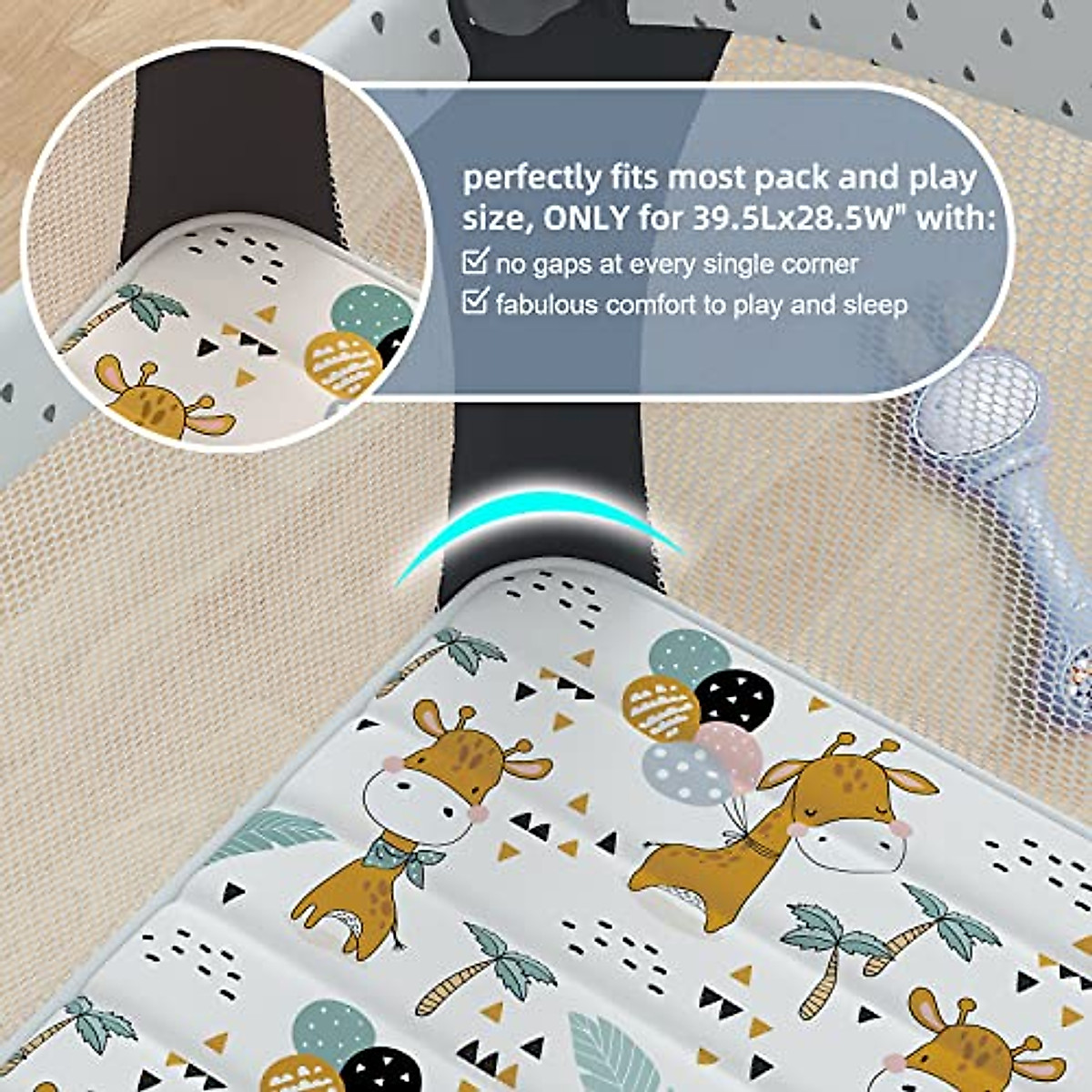 Moonlight Family Noiseless 3” Pack n Play Mattress, 38”x26” Premium Foam Portable Pack and Play Mattresses, Odorless & Steady Playard Mattress fits ONLY Playpens (28.5 * 39.5"), Giraffe