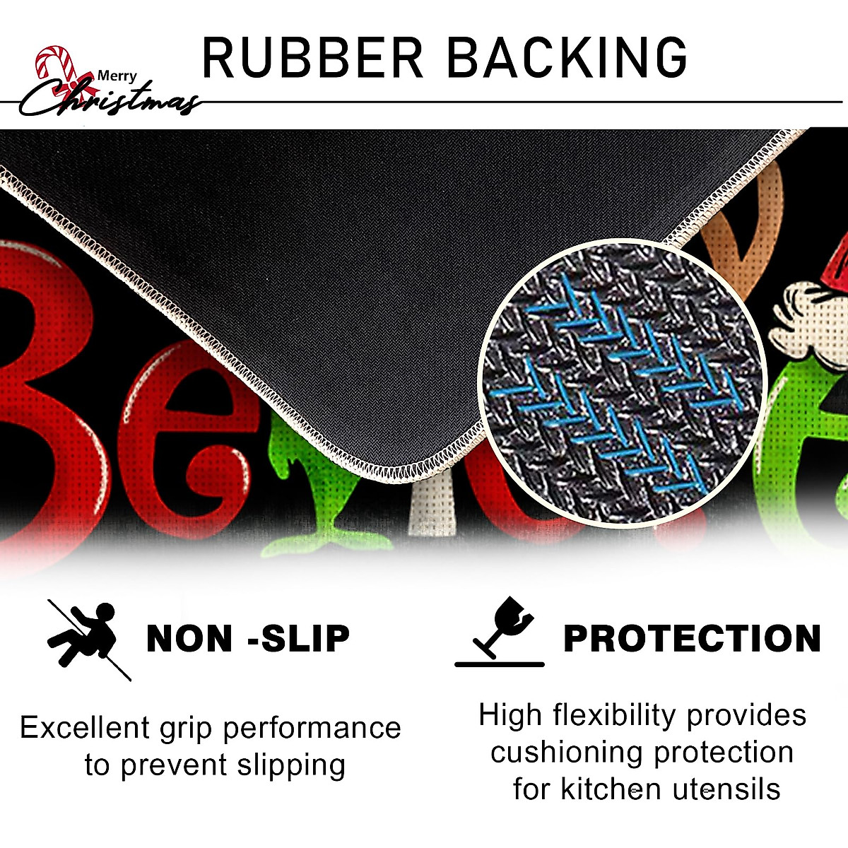 Tailus Christmas Believe Kitchen Rugs Set of 2, Xmas Gifts Stink Stank Stunk Green Kitchen Mats Decor, Red White Stripes Holiday Door Mat Home Decorations - 17x29 and 17x47 Inch