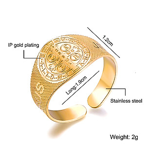 JAJAFOOK Stainless Steel Jesus St. Benedict St. Signet Ring St. Signet Ring Opening Adjustable Ring Religious Jewelry-Gold