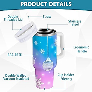 Insulated Stainless Steel Tumblers 40 Oz with Handle and Straw Lid, Christmas Snowflakes Design Insulated Travel Tumbler