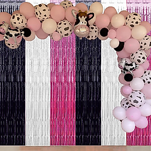 Pink Halloween Party Decorations, 3 Packs Pink Black White Backdrops Streamer Foil Fringe Tinsel Curtains, Cow Print Photo Booth Props for Girl Halloween Cow Print Birthday Party Decorations