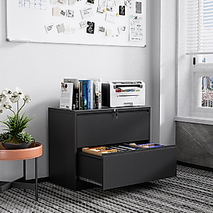 OUYESSIR 2 Drawer File Cabinet with Lock, Filing Cabinets for Home Office, Lateral File Cabinet in Steel Metal, Office Storage Drawers for Legal, Letter, A4 File (Black)