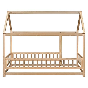UOCFYK Twin Size Floor Bed, Wood Montessori House Bed Frame with Fence, House Floor Bed for Kids, Boys and Girls, Decoratable Playhouse for Kids, Natural