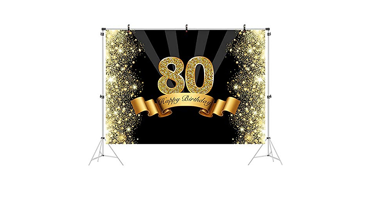 80th Birthday Backdrop Gold 7x5ft Glitter Vinyl Photo Background