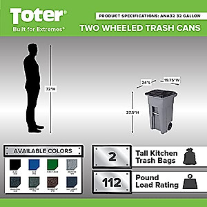 Toter 32 Gal. Blackstone Trash Can with Quiet Wheels and Attached Black Lid