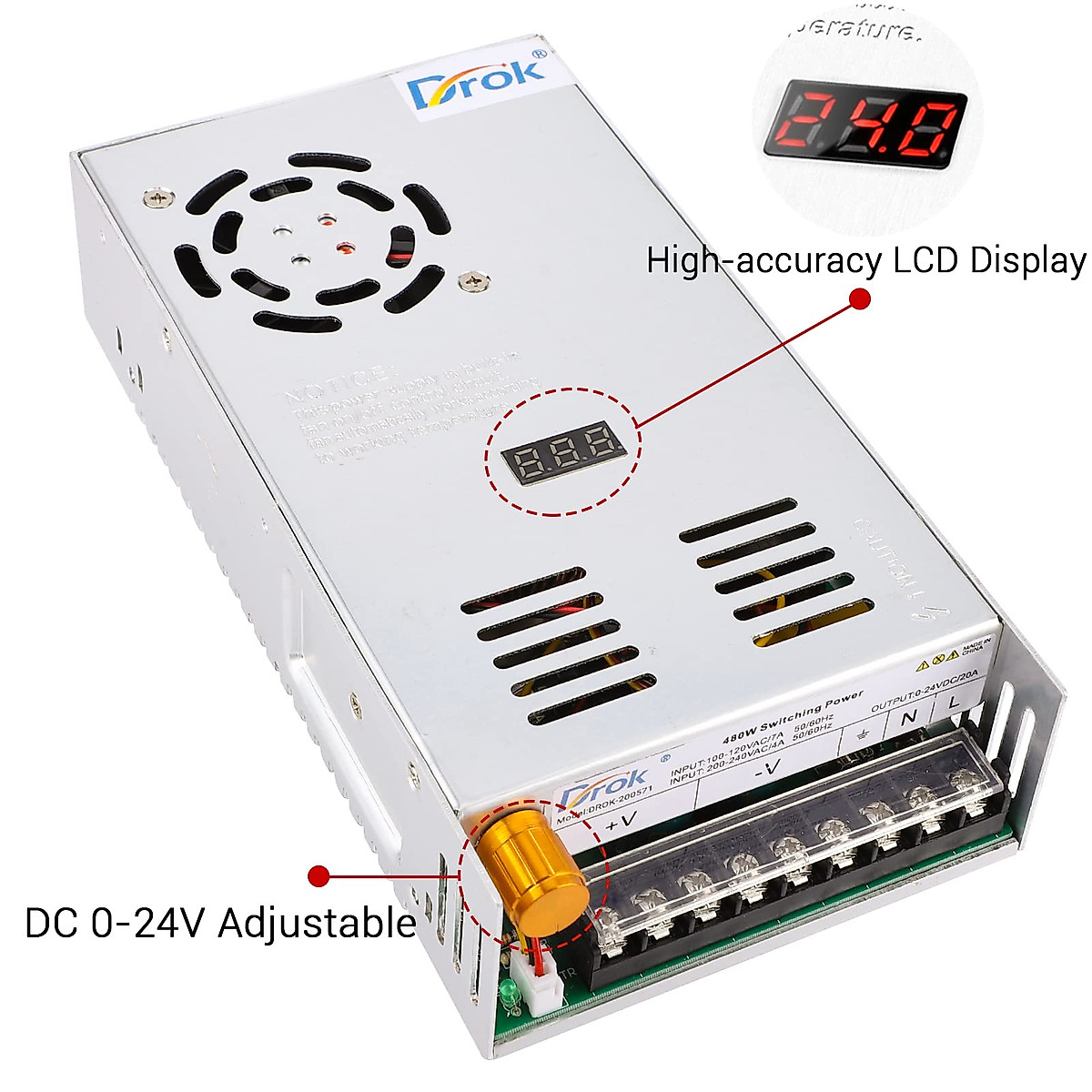 DROK 24V Power Supply, AC 110V/220V to DC 0-24V 20A 480W Buck Converter, Variable Adjustable Adapter Regulated 5V 12V 24V Volt Switching Voltage LED Transformer 20A Amp Charger for Computer Lab
