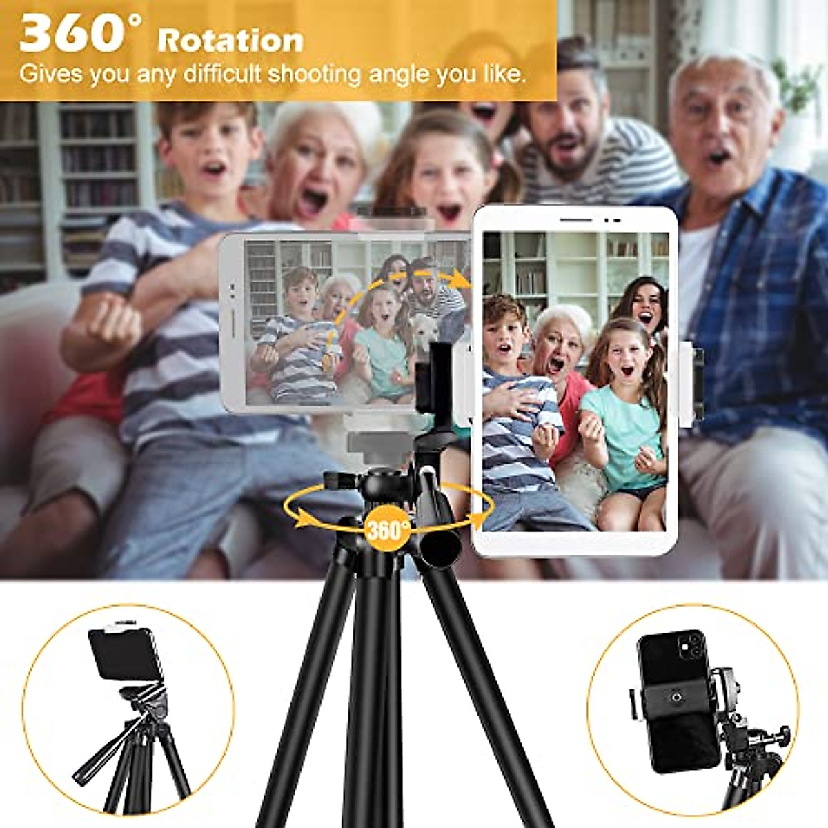 Aureday Phone Tripod, 50” Extendable Adjustable Smartphone & Tablet Tripod Stand with Phone Holder Mount & Remote, Compatible with Tablet/Cell Phone/Camera