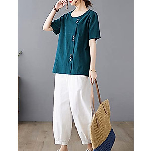 Yeokou Women Cotton Blend Crew Neck Short Sleeve Basic Tunic Tee Shirts Tops Blouse(Teal-XL)