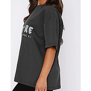 Meladyan Women Leisure Letter Graphic Print Half Sleeve Oversized Tee Shirt Top Crewneck Summer Loose Casual Tshirt Tops Grey