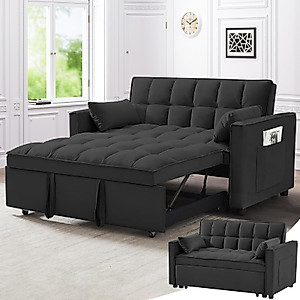 Rovibek 3 in 1 Sleeper Sofa Bed, Pull Out Couch, Convertible Futon Loveseat with krest, Dinotefuran Living Room Chaise Lounr Home Apartment Office, Black