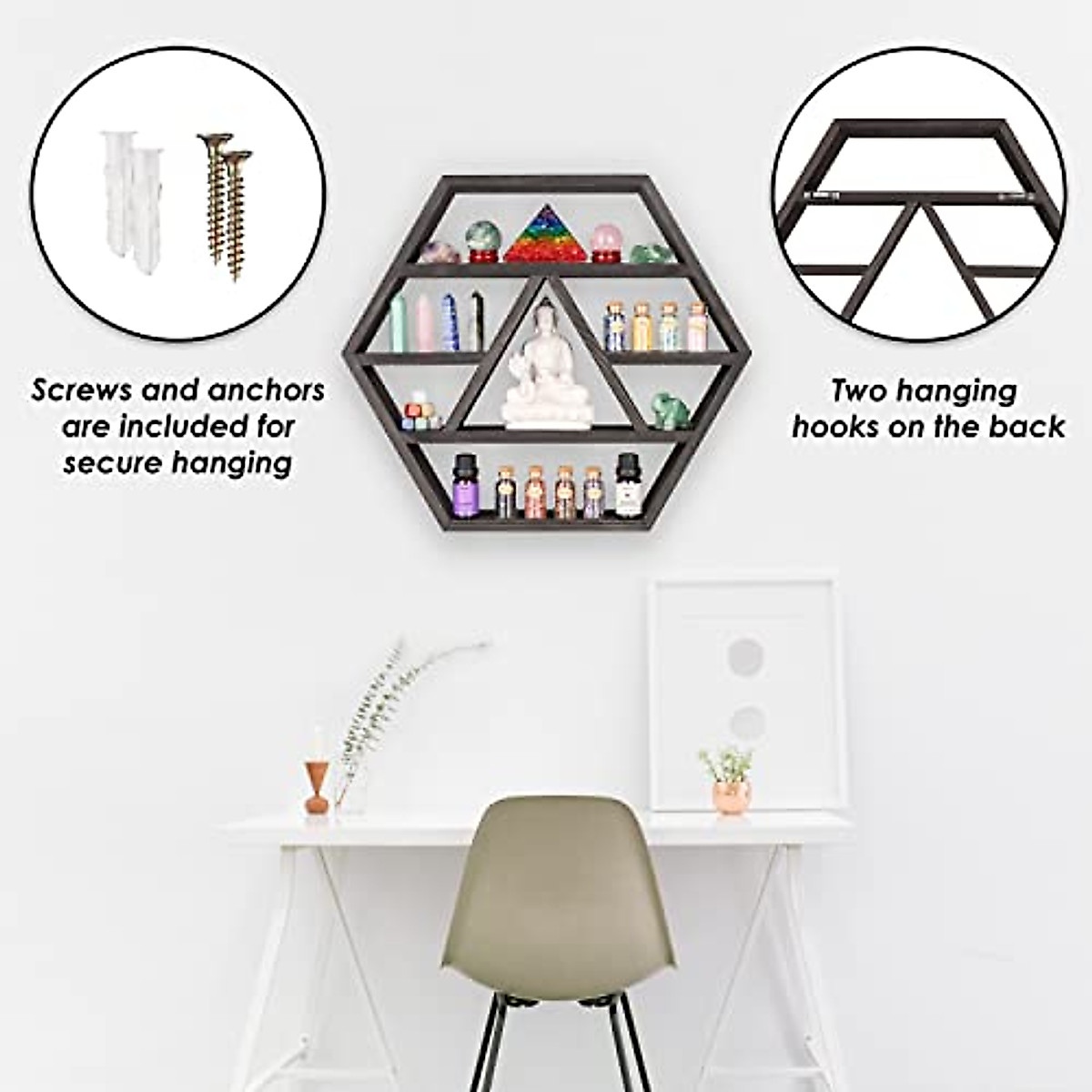 Venture Decor Crystal Display Shelf, Handmade Pine Wood Hexagon Shaped Shelves for Crystals, Stones and Essential Oils, Unique Crystal Shelf Display, Wiccan Decor, Gothic Decor, Meditation Decor-Black