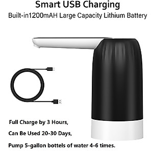 Myvision 5 Gallon Jug Portable Water Dispenser, Water Bottle Pump 5 Gallon Water Dispenser, USB Charging Electric Drinking Portable Water Dispenser, 2-5 Gallon Water Bottle Switch-Black