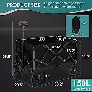 Homgava Collapsible Folding Wagon Cart 150L, Heavy Duty Garden Cart with All Terrain Wheels,Portable Large Capacity Utility Wagon Cart for Camping Fishing Sports Shopping,Black