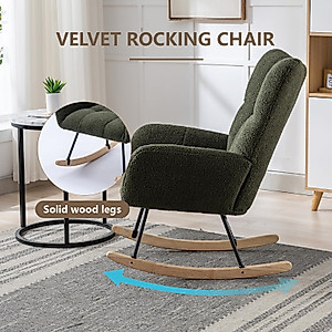 Rocking Chair Nursery, Teddy Upholstered Glider Rocker, Modern Accent Chair with High Backrest Padded Seat Pocket, Cozy Armchair Side Chair for Living Room, Bedroom, Office, Balcony, Dark Green
