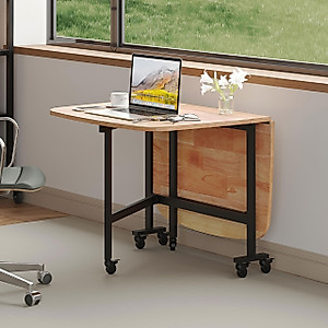 Rukulin Multifunction Table Drop Leaf Dining Table - 47" Solid Wooden Foldable Kitchen Table with 6 Wheels (Natural)