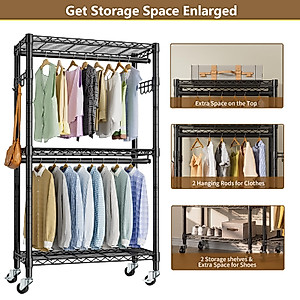 Heavy Duty Clothes Rack Rolling Garment Rack,3 Tier Adjustable Wire Shelving Clothing Racks for Hanging Clothes with Double Rods&Side Hooks,Freestanding Wardrobe Storage Rack Metal Portable Closet